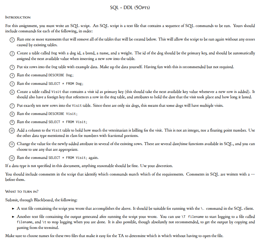 Solved SQL - ﻿DDL (5OPTS)INTRODUCTIONFor this assignment, | Chegg.com