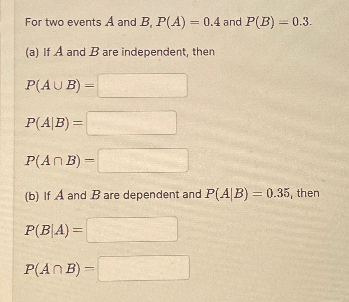 For two events A and B,P(A)=0.4 ﻿and P(B)=0.3.(a) ﻿If | Chegg.com