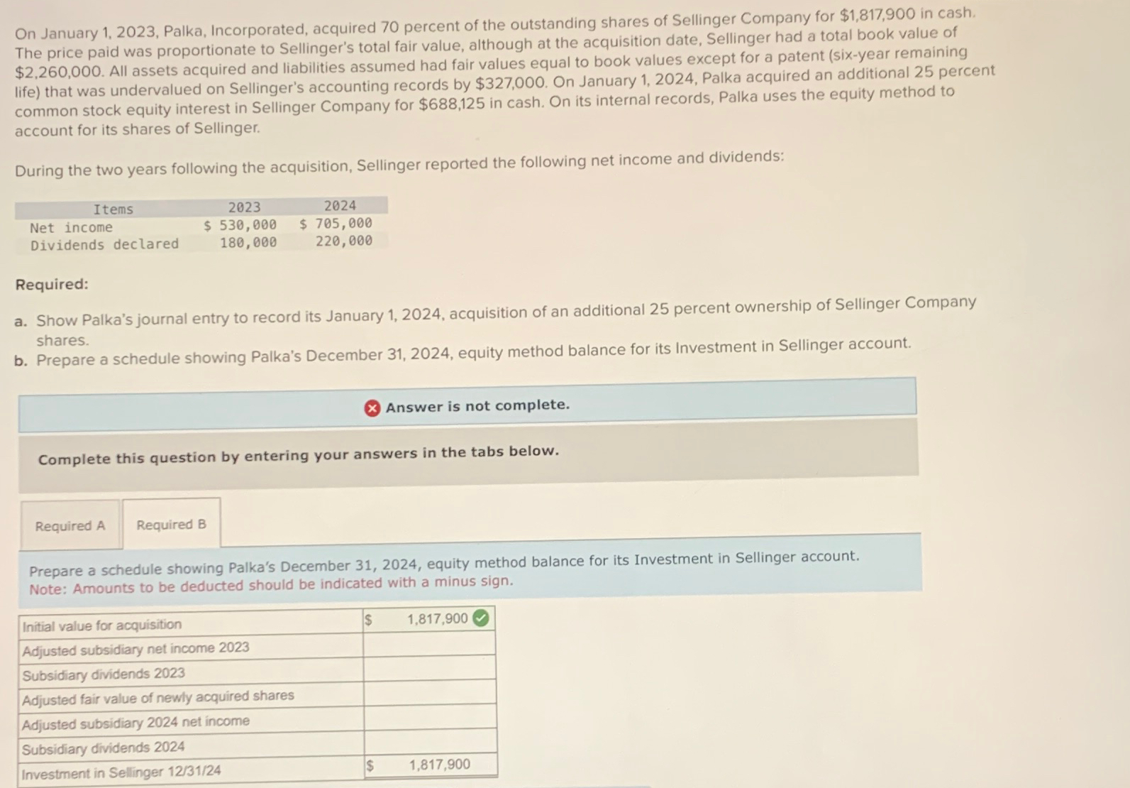 Solved On January 1, 2023, ﻿Palka, Incorporated, acquired 70 | Chegg.com
