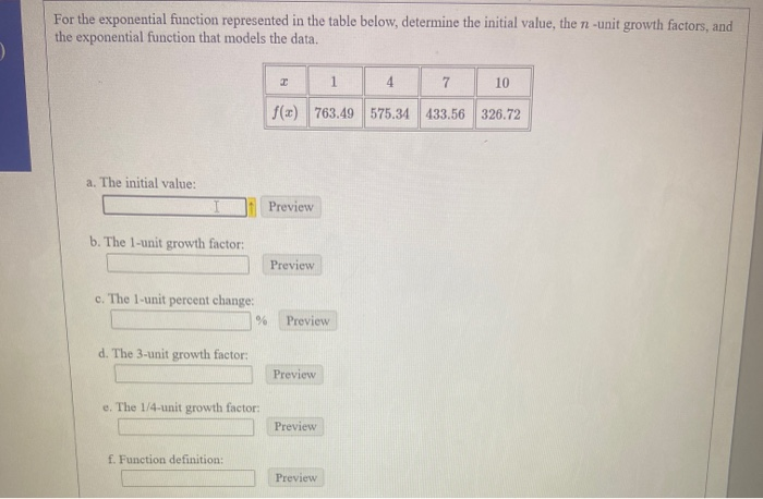Solved For the exponential function represented in the table | Chegg.com