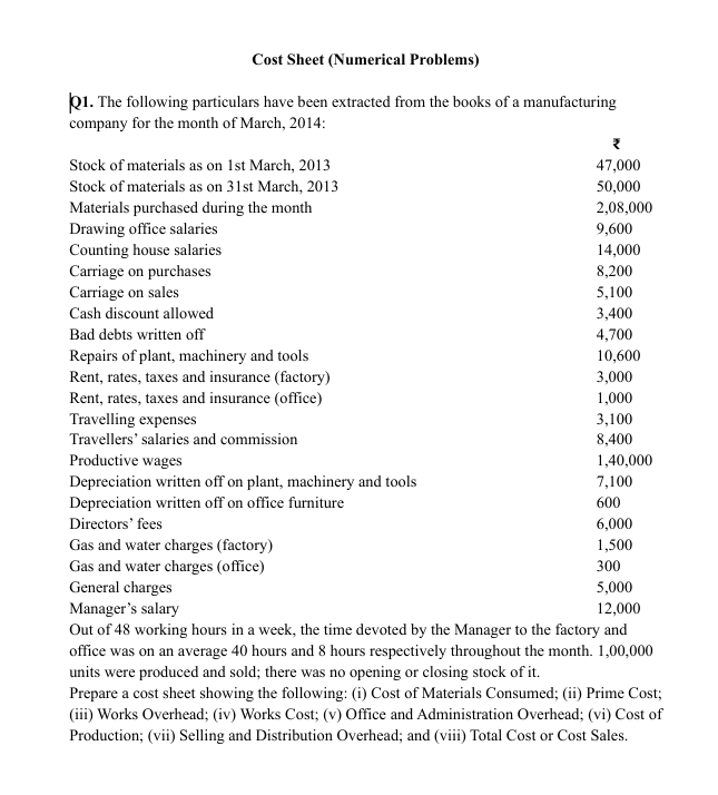 solve step wise Cost Sheet (Numerical Problems)Q1. | Chegg.com