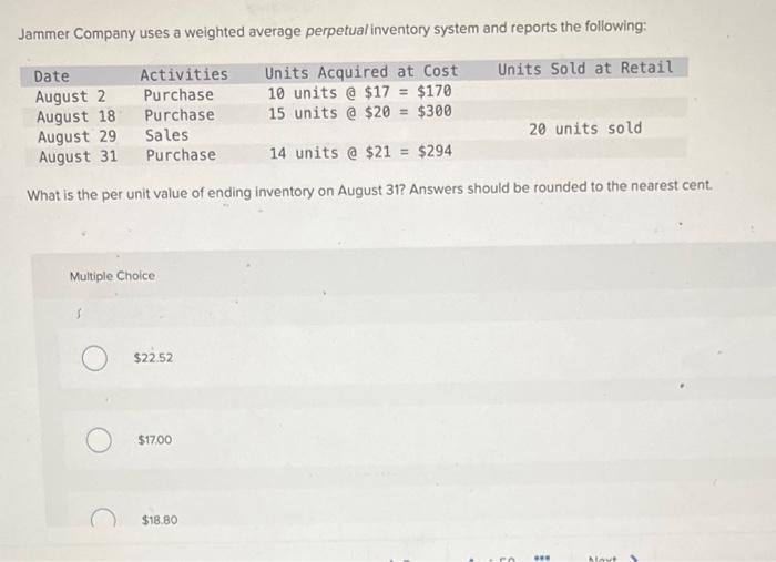Solved Jammer Company uses a weighted average perpetual | Chegg.com