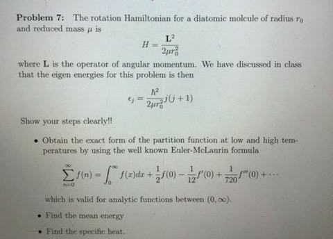 Solved Problem 7: The rotation Hamiltonian for a diatomic | Chegg.com