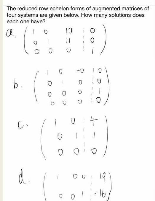 Solved The reduced row echelon forms of augmented matrices | Chegg.com