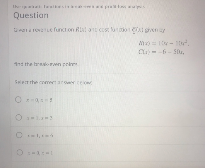 Solved Use quadratic functions in break-even and profit-loss | Chegg.com