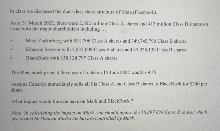 In class we discussed the dual-class share structure | Chegg.com