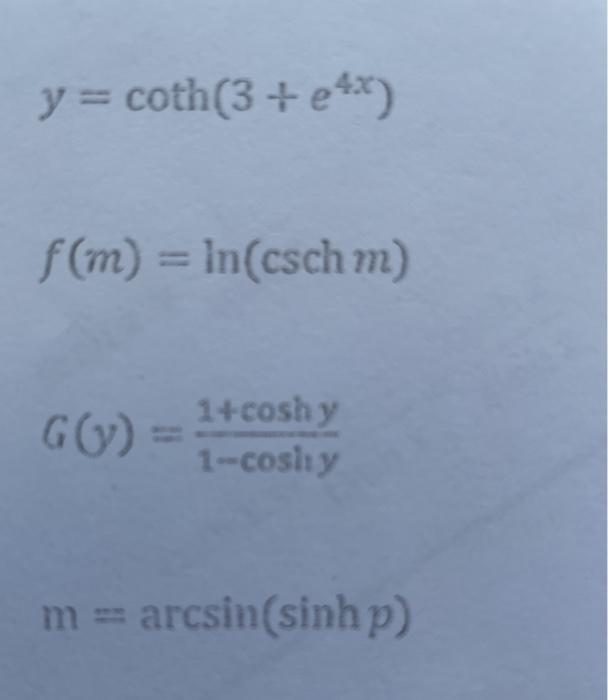Solved y = coth(3 + e43) f(m) = in(csch m) GO) 1+cosh y 1 | Chegg.com