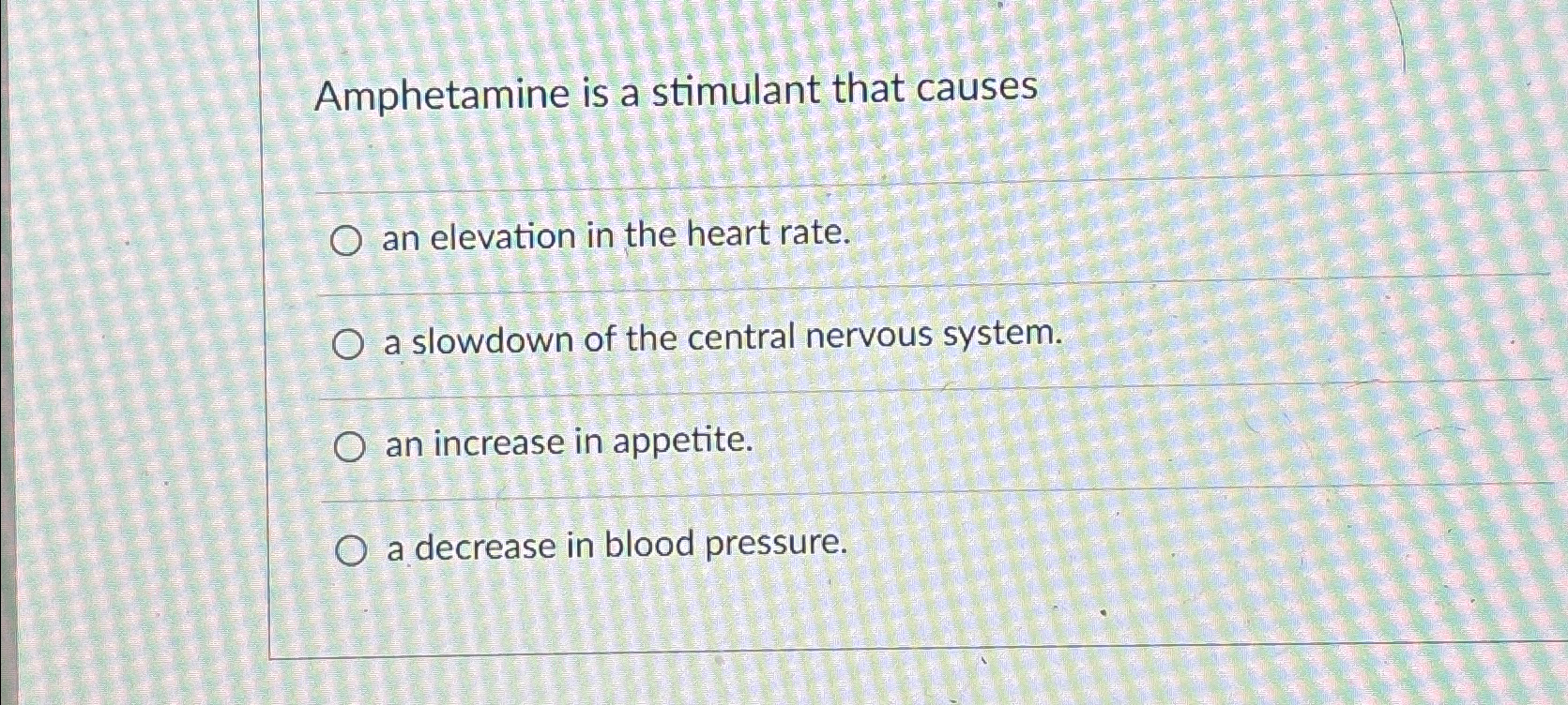 Solved Amphetamine is a stimulant that causesan elevation in | Chegg.com