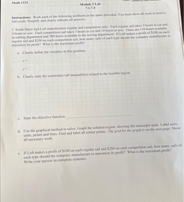 Solved Math 1324 Module 2 Lab 7,1−7.5 Instructions: Work | Chegg.com