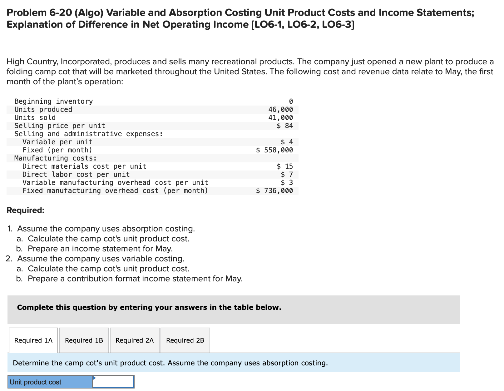 Solved Problem 6-20 (Algo) ﻿Variable and Absorption Costing | Chegg.com