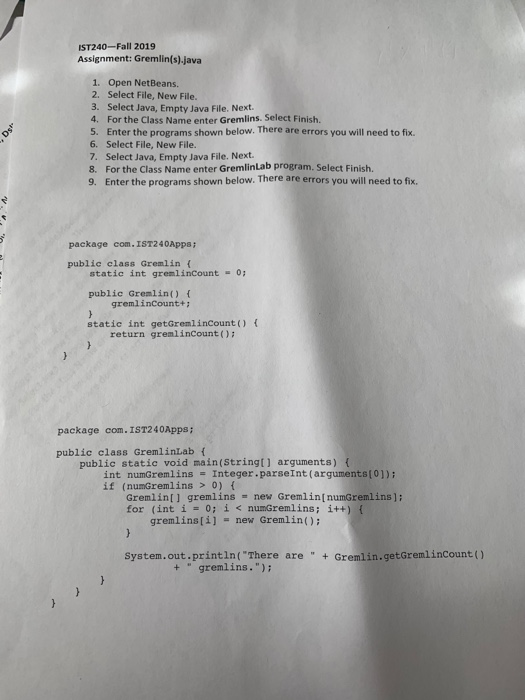 Solved Ist240 Fall 2019 Assignment Gremlinsjava 1 Open 