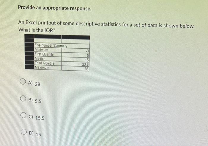 Solved Provide an appropriate response. An Excel printout of | Chegg.com