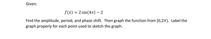 Solved Given: f(x)=2sin(4x)−2 Find the amplitude, period, | Chegg.com