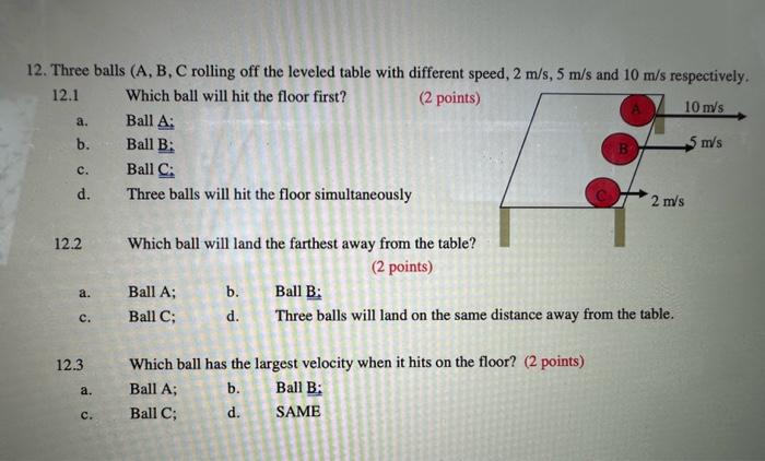 Solved 12. Three balls (A, B, C rolling off the leveled | Chegg.com