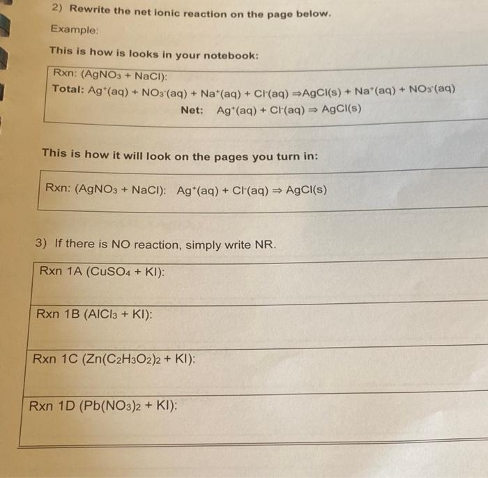 Solved 2) Rewrite the net ionic reaction on the page below. | Chegg.com