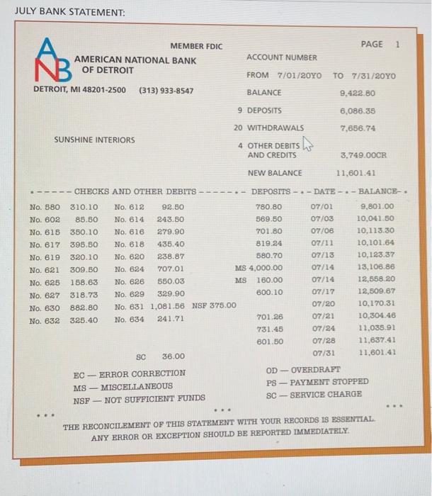 Solved JULY BANK STATEMENT: MERER FDIC A MERICAN NATIONAL | Chegg.com