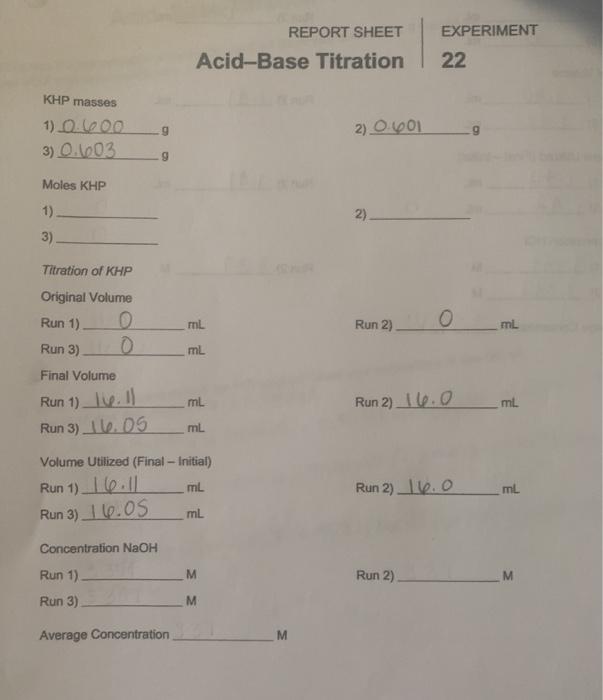 Solved REPORT SHEET Acid-Base Titration EXPERIMENT 22 KHP | Chegg.com