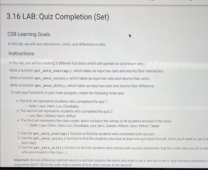 Solved 3. I0 LAB: Quiz compietion (set) CS8 Learning Goals | Chegg.com