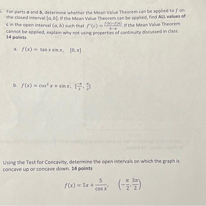 Solved For parts a and b, determine whether the Mean Value | Chegg.com