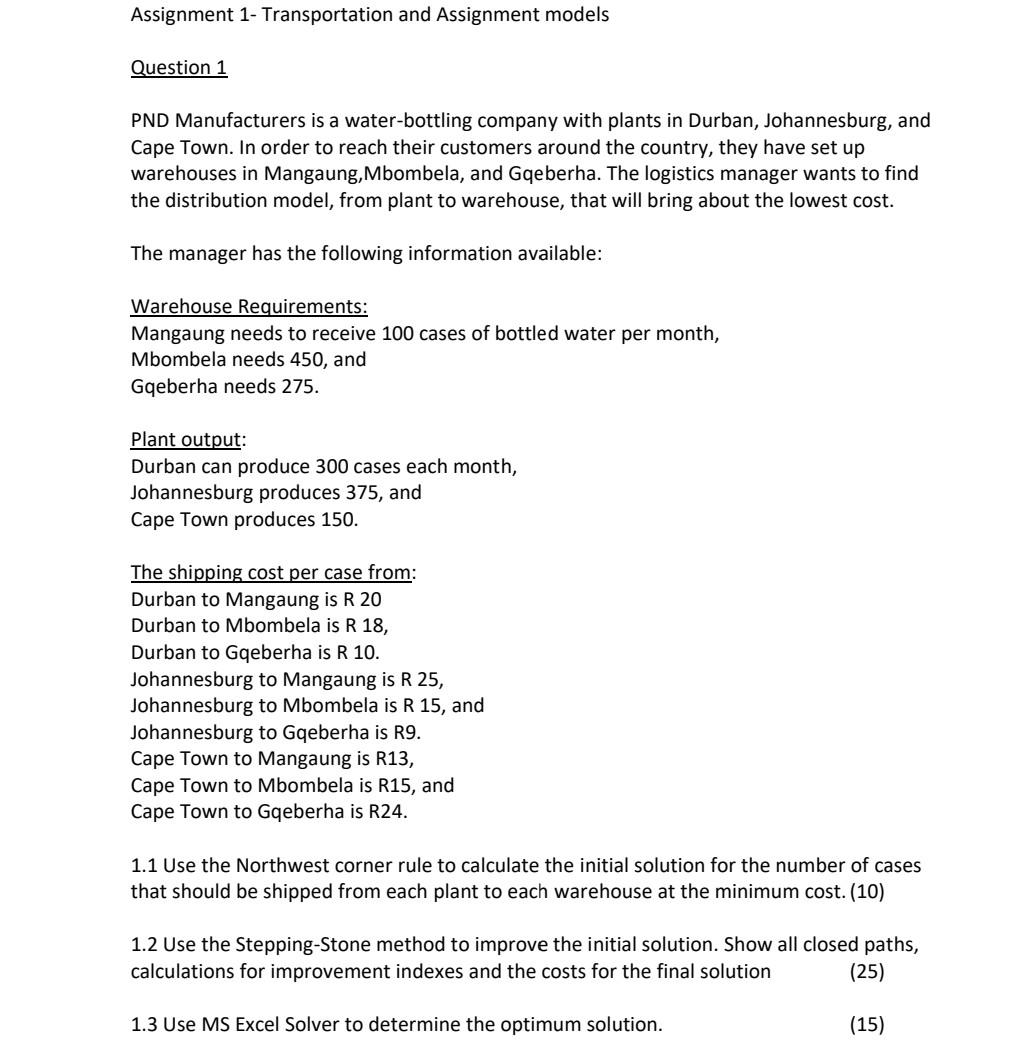 Solved Assignment 1-Transportation and Assignment models | Chegg.com