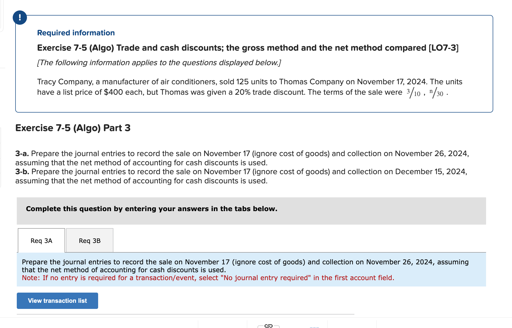 Solved Required informationExercise 7-5 (Algo) ﻿Trade and | Chegg.com