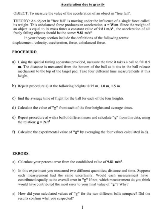 Solved Acceleration due to gravity OBJECT: To measure the | Chegg.com