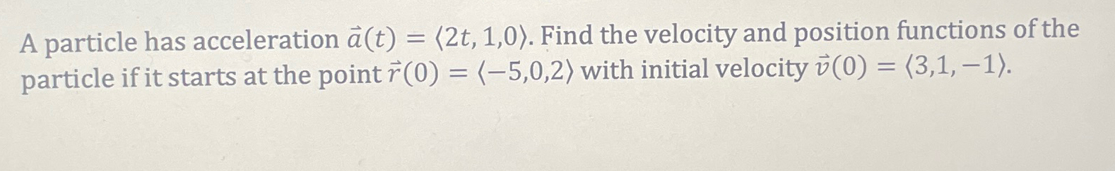 Solved A particle has acceleration vec(a)(t)=(:2t,1,0:). | Chegg.com