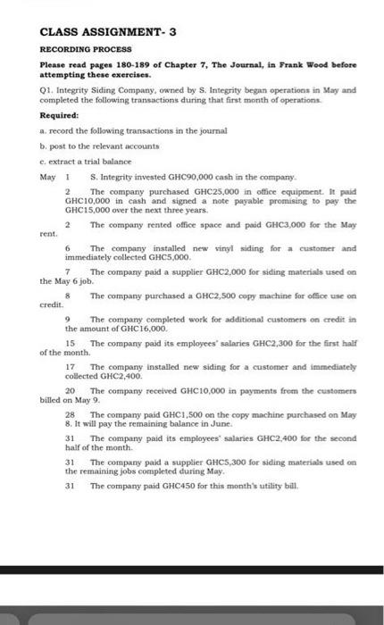 CLASS ASSIGNMENT- 3 RECORDING PROCESS Please read | Chegg.com