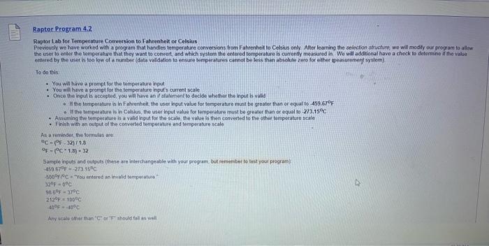 Solved Raptor Program 4.2 Raptor Lab for Temperature | Chegg.com