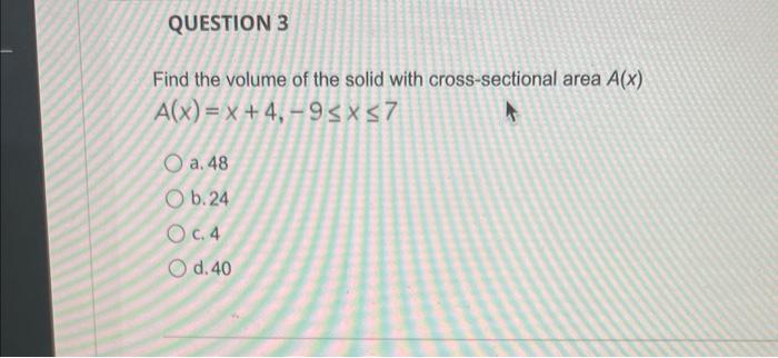 Solved Find the volume of the solid with cross-sectional | Chegg.com