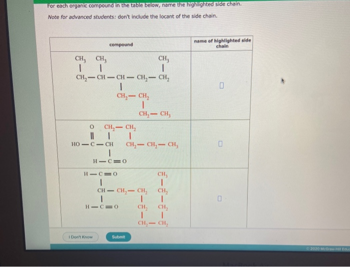 Solved For each organic compound in the table below, name | Chegg.com