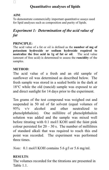 Solved Quantitative analyses of lipids AIM: To demonstrate | Chegg.com