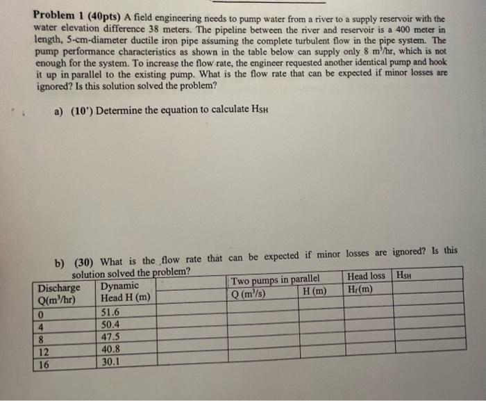 Solved Problem 1(40pts) A field engineering needs to pump | Chegg.com