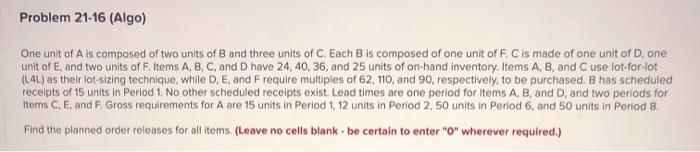 Solved Problem 21-16 (Algo) One unit of Ais composed of two | Chegg.com
