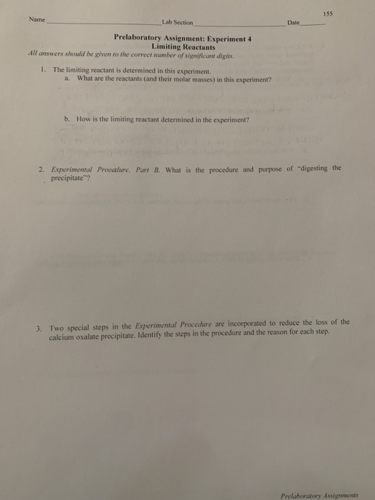 155 Lab Section Prelaboratory Assignment: Experiment | Chegg.com