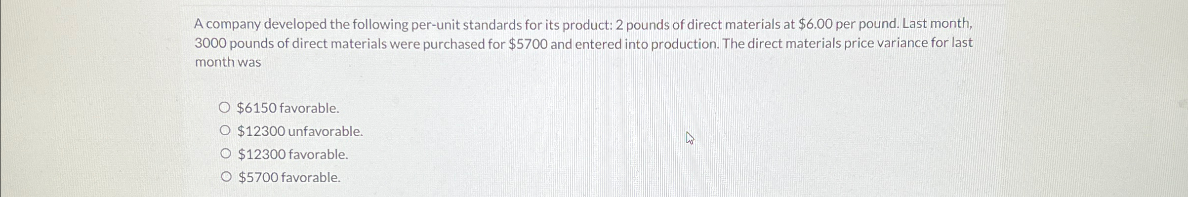 Solved A company developed the following per-unit standards | Chegg.com
