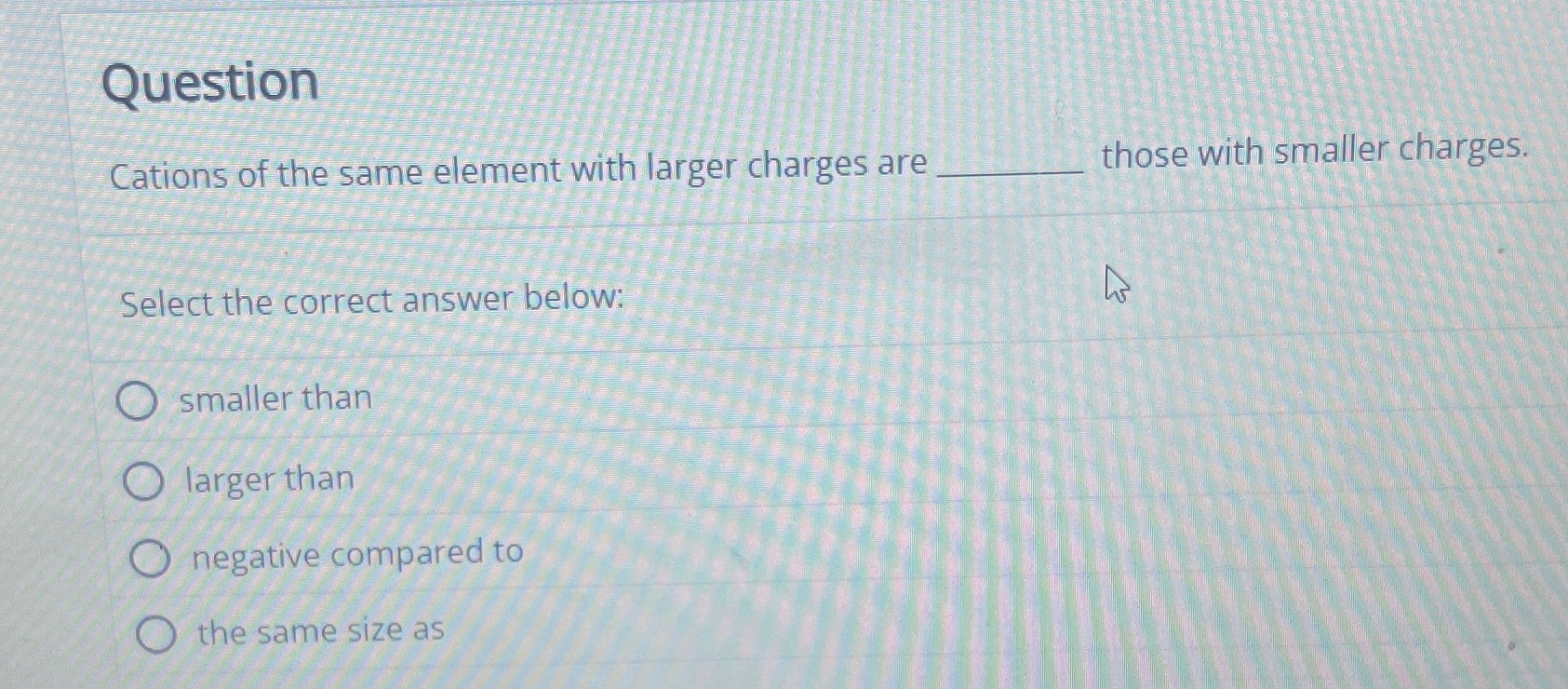 Solved QuestionCations of the same element with larger | Chegg.com