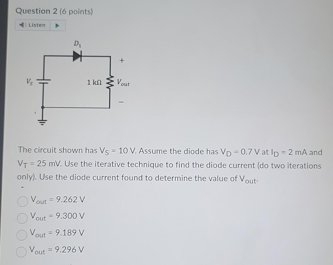 Solved The circuit shown has VS=10 V. Assume the diode has | Chegg.com