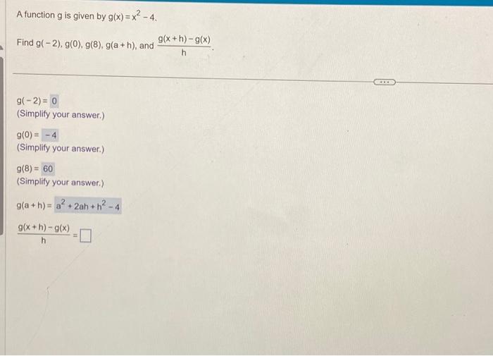 Solved A function g is given by g(x)=x² - 4. Find g(-2), | Chegg.com