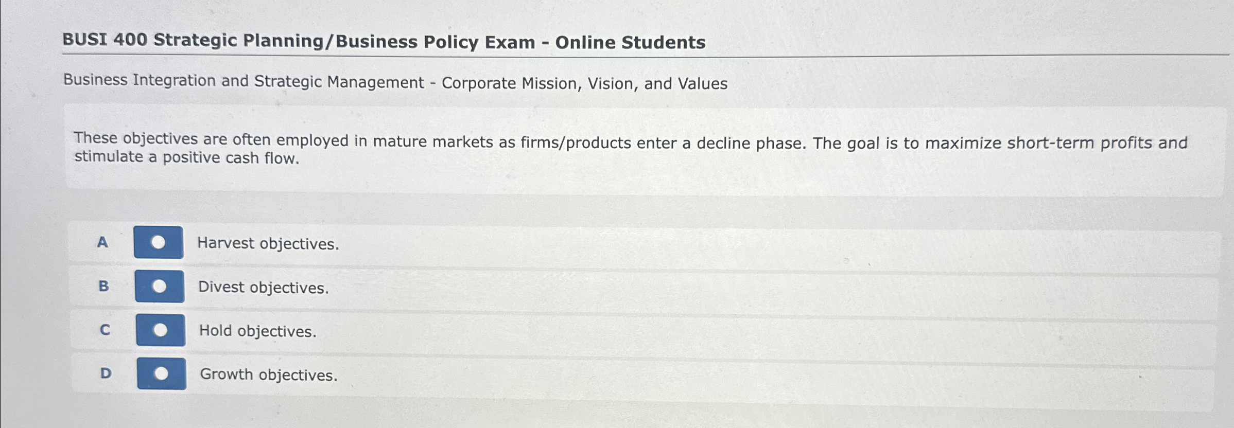 Solved BUSI 400 ﻿Strategic Planning/Business Policy Exam - | Chegg.com