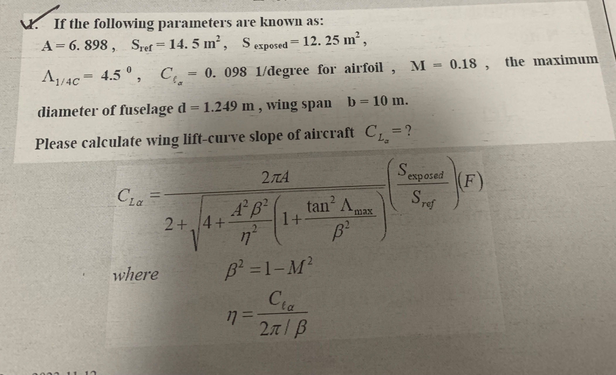 Solved Please calculate wing lift-curve slope of aircraft | Chegg.com
