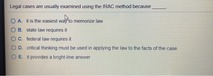 Solved Legal cases are usually examined using the IRAC | Chegg.com
