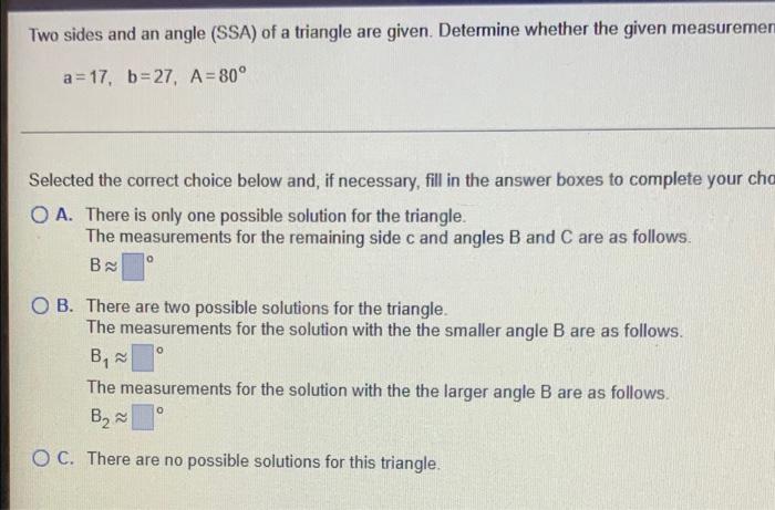 [Solved]: Two sides and an angle (SSA) of a triangle are gi