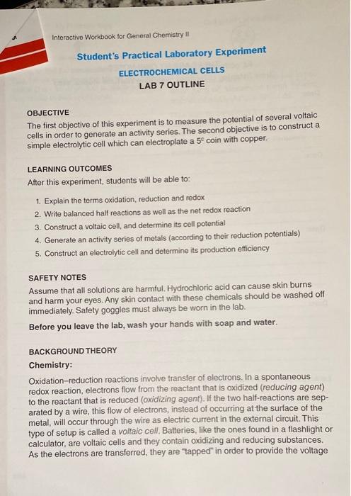 Solved 170 ELECTROCHEMICAL CELLS LAB 7 REPORT Name: Date: | Chegg.com