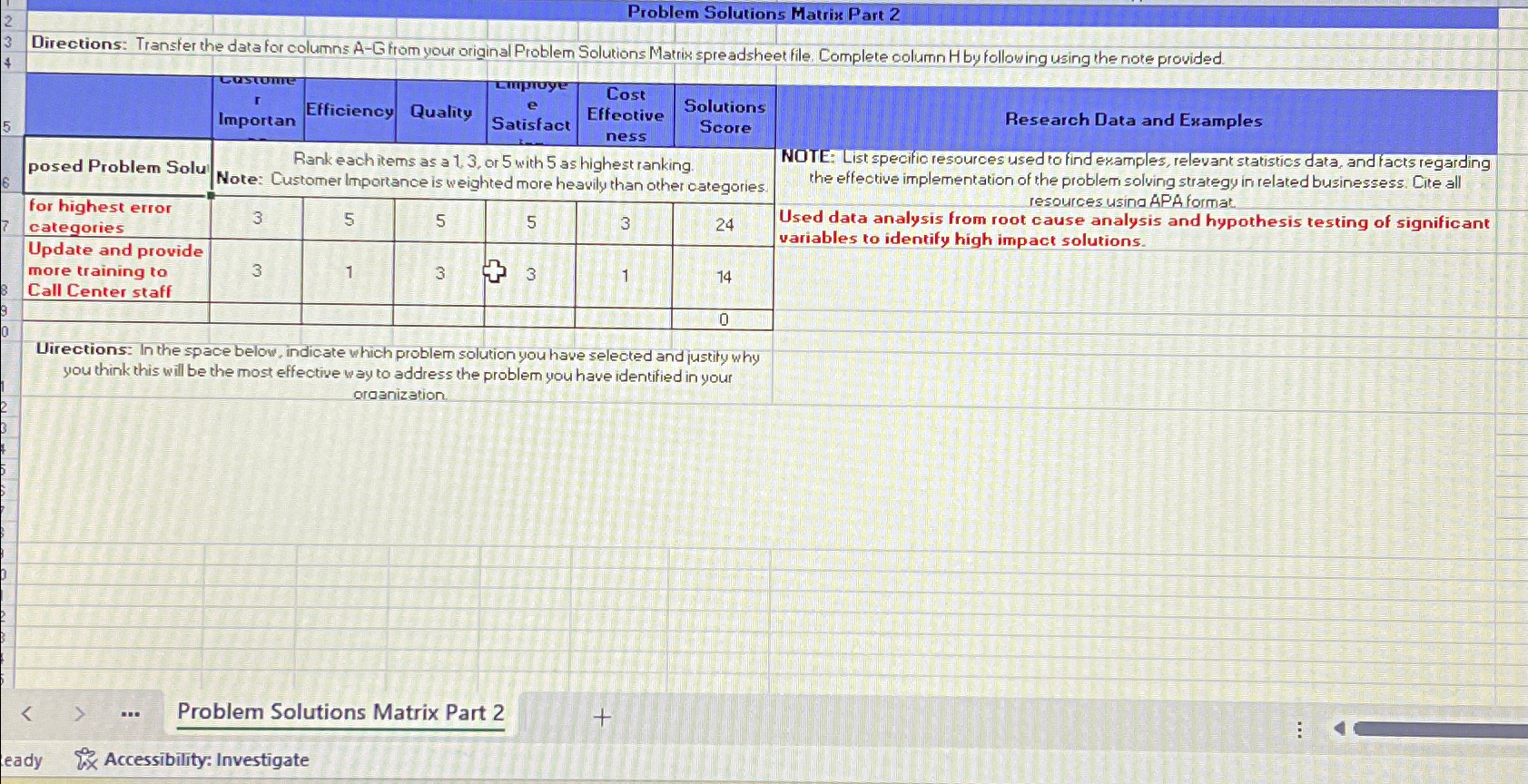 Solved Problem Solutions Matrix Part 2Directions: Transter | Chegg.com