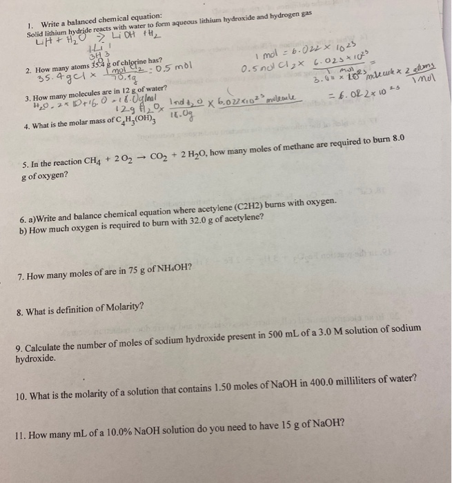 Solved 1. Write a balanced chemical equation: Solid lithium | Chegg.com