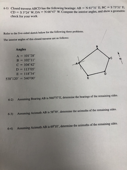 Solved 6-1) Closed traverse ABCD has the following bearings: | Chegg.com