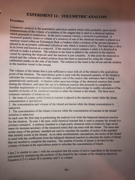 EXPERIMENT 12: VOLUMETRIC ANALYSIS Procedure | Chegg.com