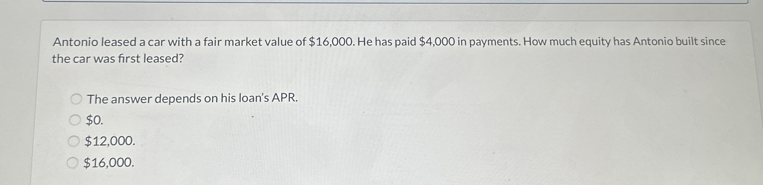 Solved Antonio leased a car with a fair market value of | Chegg.com