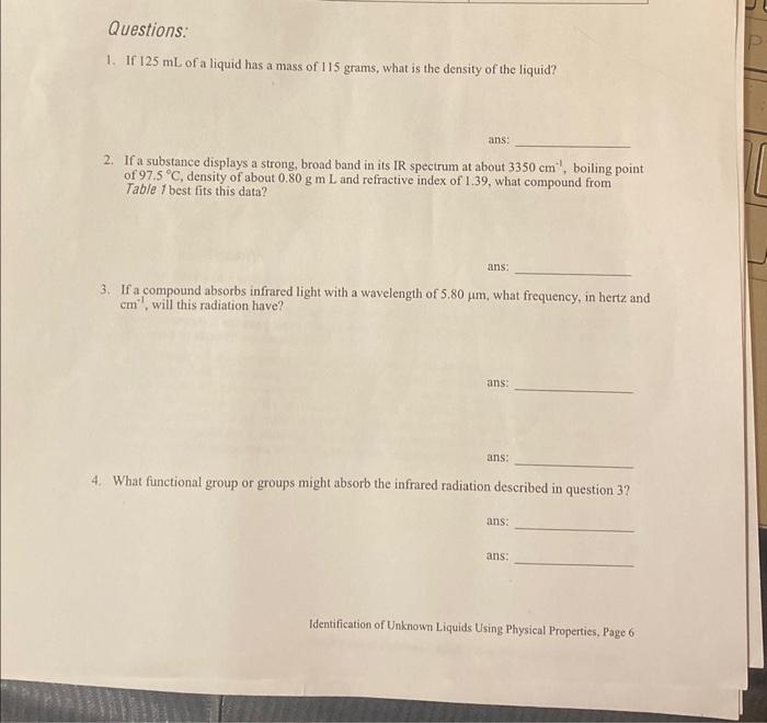 Solved 1. If 125 mL of a liquid has a mass of 115 grams, | Chegg.com